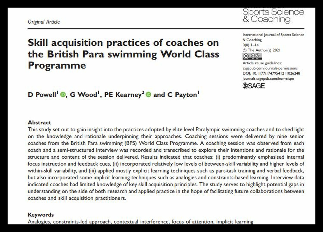 Publication: Skill acquisition practices of coaches on the British Para swimming (BPS) World ...